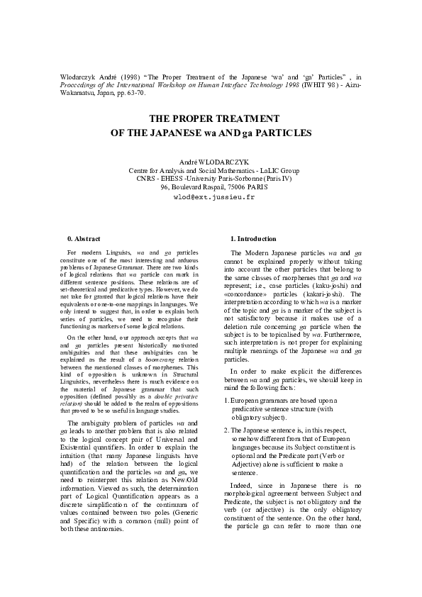 (PDF) The Proper Treatment of the Japanese “wa” and “ga” Particles
