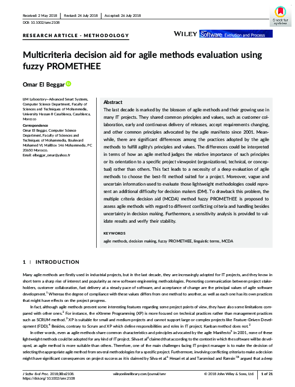 (PDF) Multicriteria decision aid for agile methods evaluation using fuzzy PROMETHEE