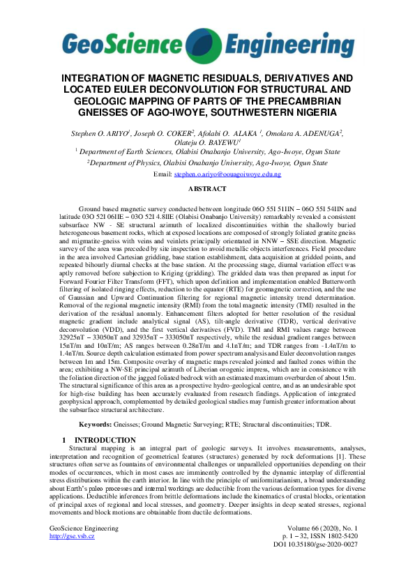 (PDF) Integration of Magnetic Residuals, Derivatives and Located Euler Deconvolution for ...