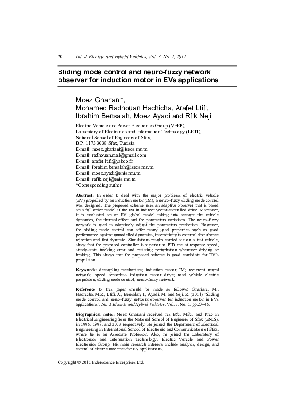 Pdf Sliding Mode Control And Neuro Fuzzy Network Observer For Induction Motor In Evs Applications