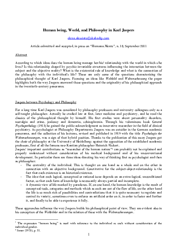 (PDF) Human being, World, and Philosophy in Karl Jaspers
