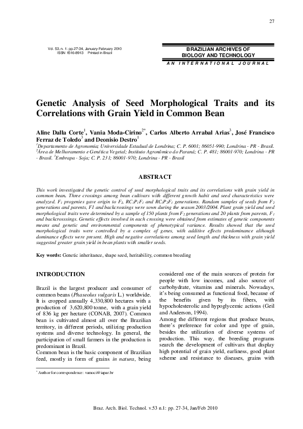 (PDF) Genetic analysis of seed morphological traits and its correlations with Grain yield in ...