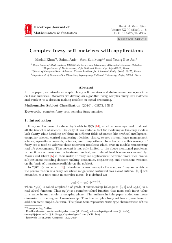 (PDF) Complex fuzzy soft matrices with applications
