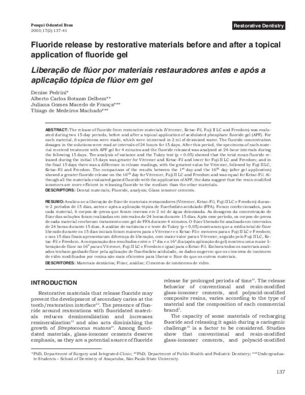(PDF) Fluoride release by restorative materials before and after a topical application of ...