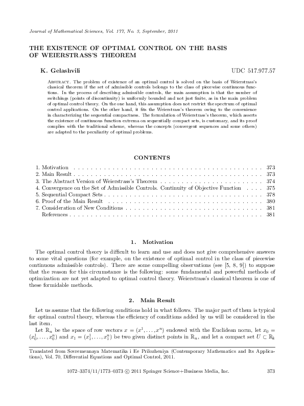 (PDF) The existence of optimal control on the basis of Weierstrass’s theorem