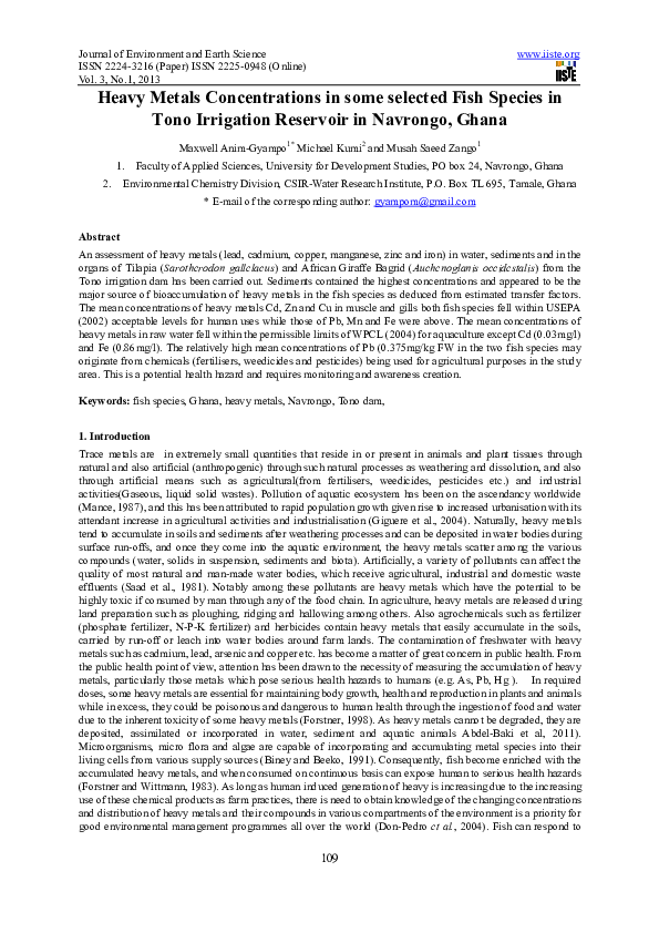 (PDF) Heavy Metals Concentrations in some selected Fish Species in Tono ...