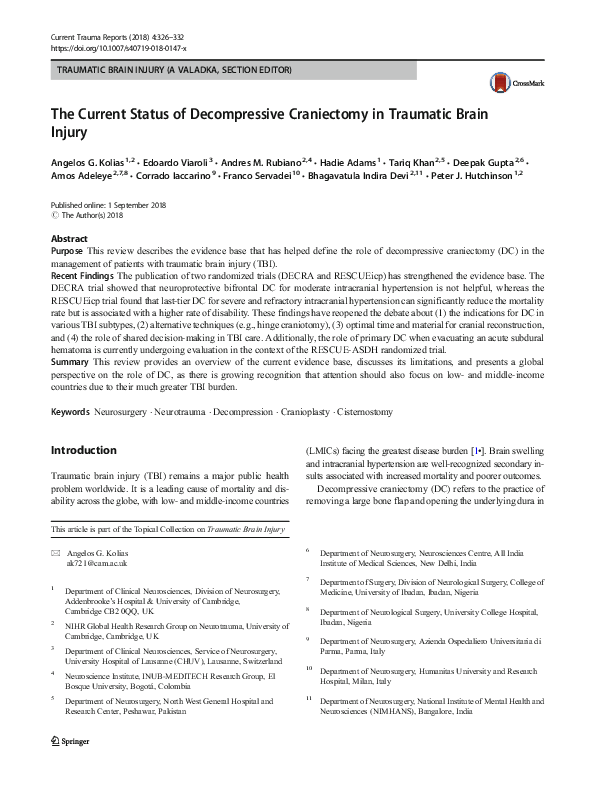 (PDF) The Current Status of Decompressive Craniectomy in Traumatic Brain Injury
