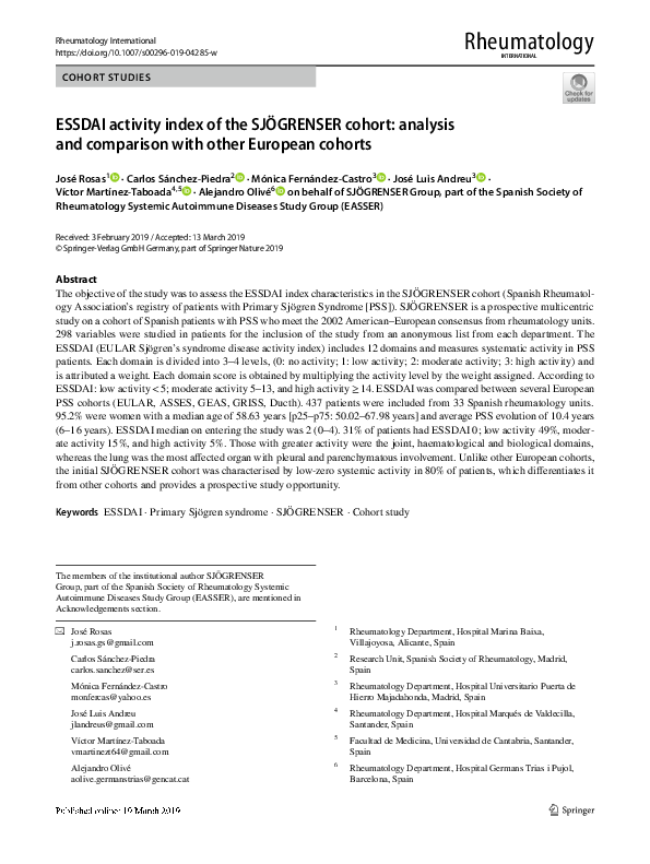 (PDF) ESSDAI activity index of the SJÖGRENSER cohort: analysis and ...