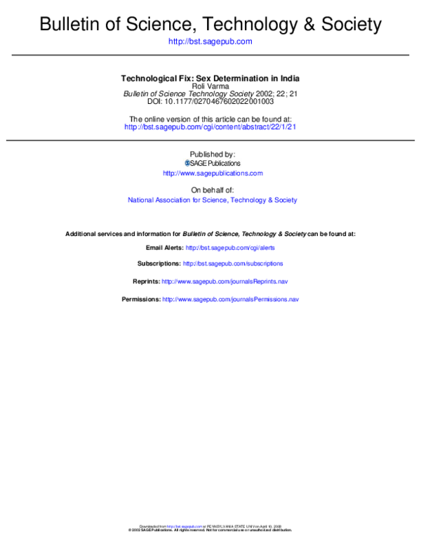 Pdf Technological Fix Sex Determination In India