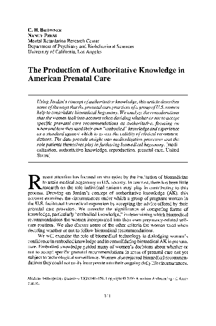 (PDF) The Production of Authoritative Knowledge in American Prenatal Care