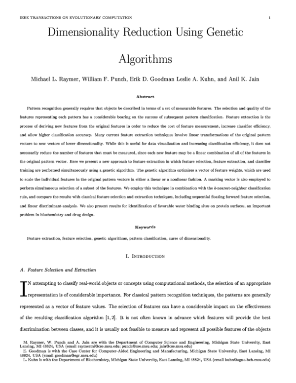 Pdf Dimensionality Reduction Using Genetic Algorithms Padma Priya