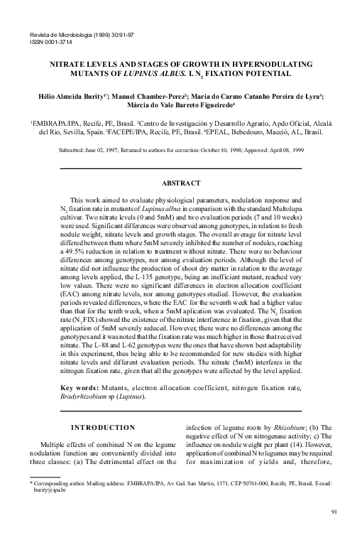 (PDF) Nitrate levels and stages of growth in hypernodulating mutants of ...