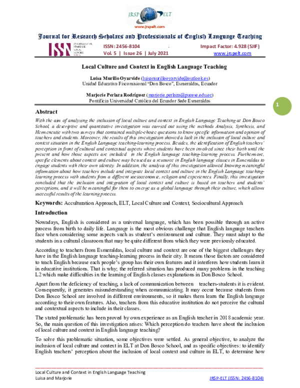 (PDF) Local Culture and Context in English Language Teaching