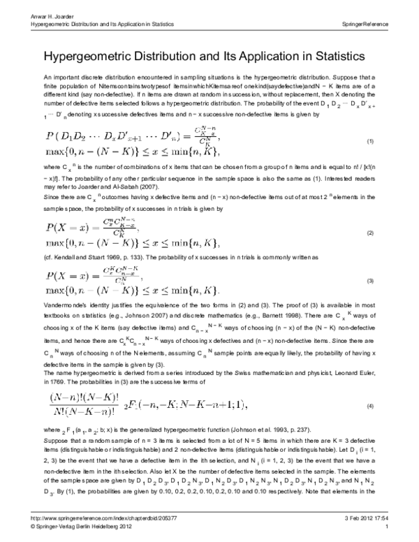 Pdf Hypergeometric Distribution And Its Application In Statistics