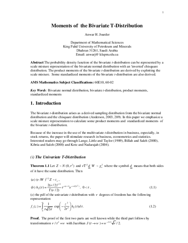 (PDF) Moments of the Bivariate T-Distribution | Anwar H Joarder ...