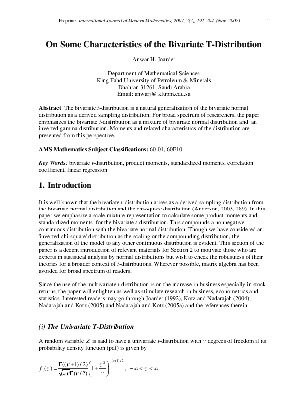 (PDF) On Some Characteristics of the Bivariate T-Distribution