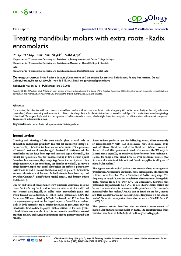 (PDF) Treating mandibular molars with extra roots -Radix entomolaris