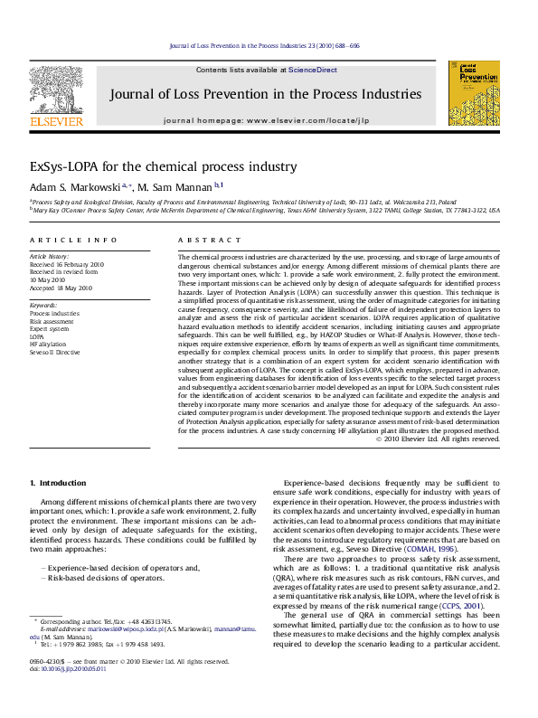 (PDF) ExSys-LOPA for the chemical process industry