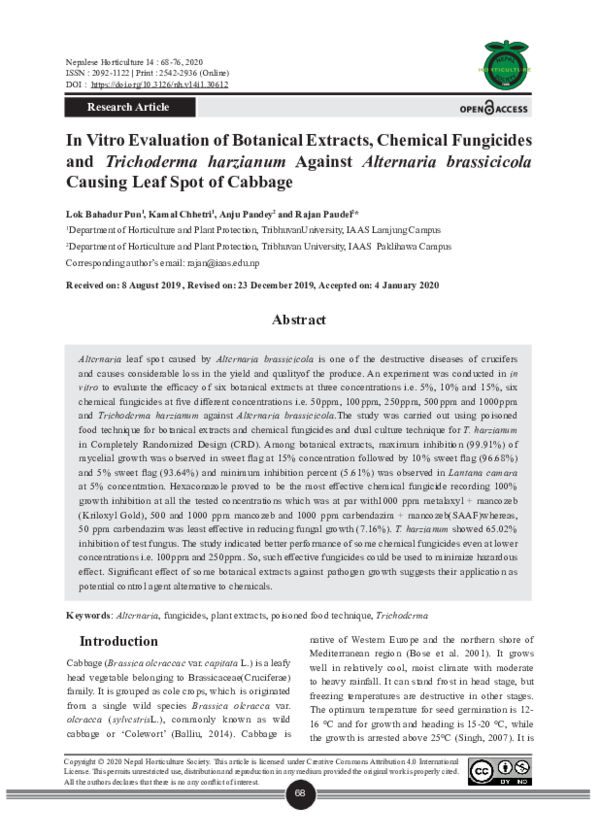 (PDF) In vitro Evaluation of Botanical Extracts, Chemical Fungicides and Trichoderma harzianum ...