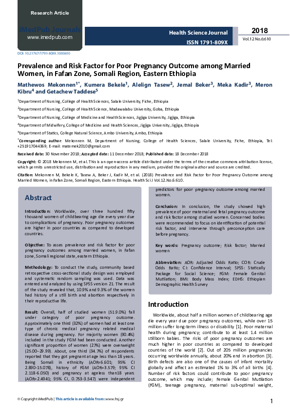 (PDF) Prevalence and Risk Factor for Poor Pregnancy Outcome among ...