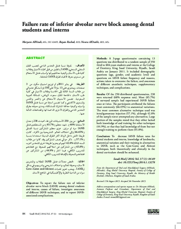 (PDF) Failure rate of inferior alveolar nerve block among dental ...