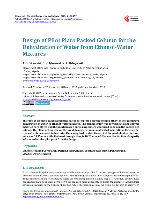(PDF) Design of Pilot Plant Packed Column for the Dehydration of Water ...