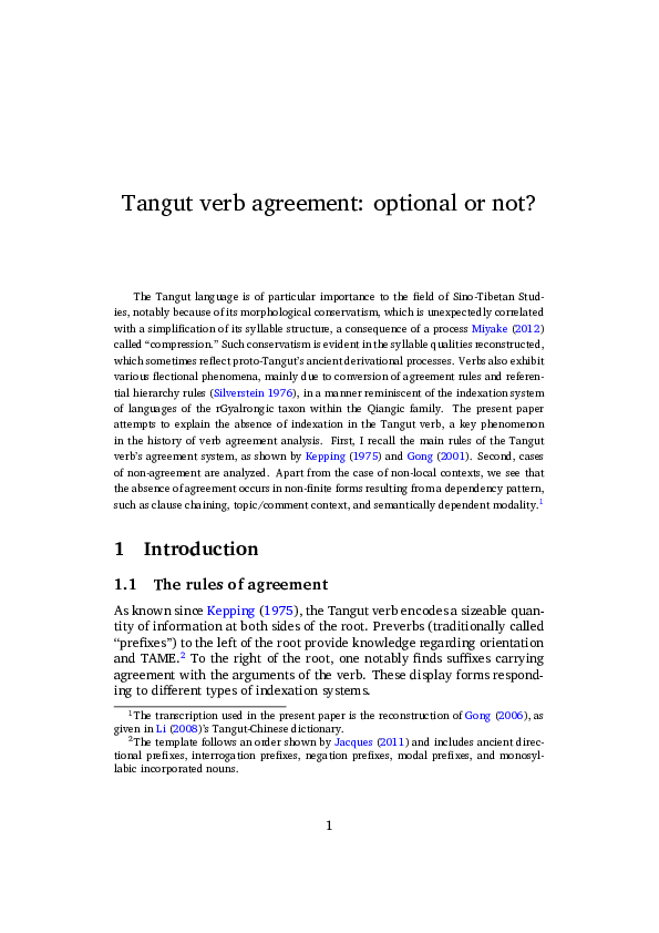 (PDF) Tangut verb agreement: optional or not?