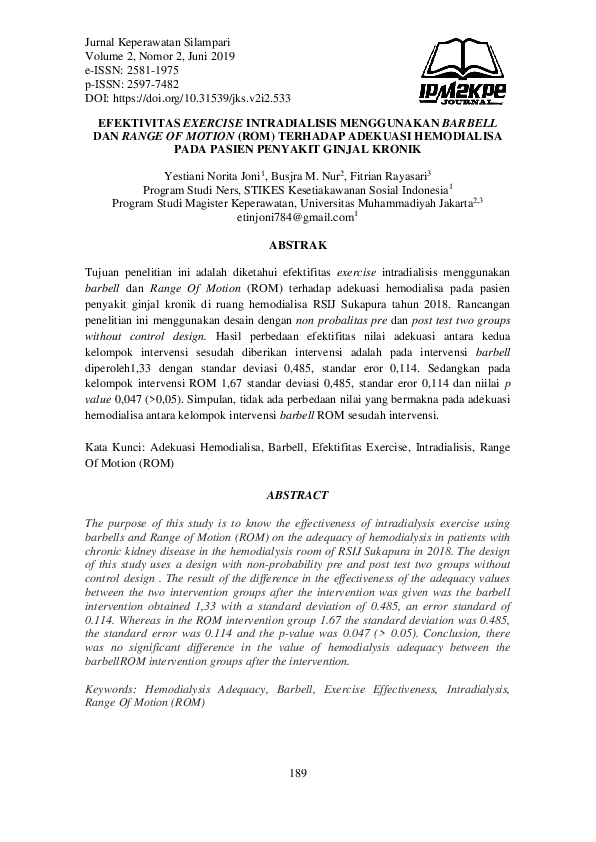 (PDF) Efektivitas Exercise Intradialisis Menggunakan Barbell dan Range of Motion (ROM) terhadap ...
