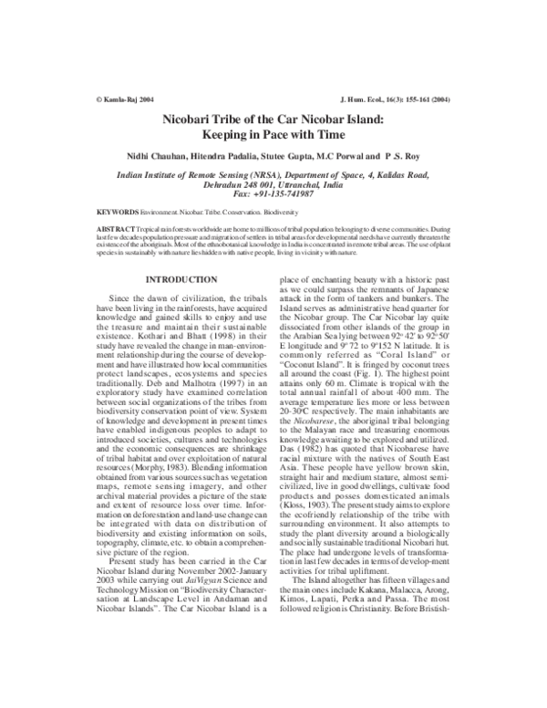 (PDF) Nicobari Tribe of the Car Nicobar Island: Keeping in Pace with Time