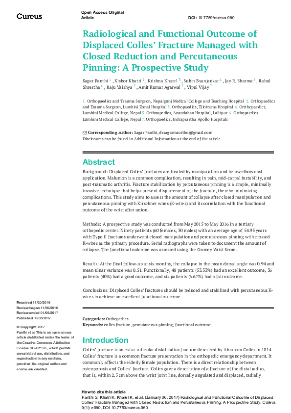(PDF) Radiological and Functional Outcome of Displaced Colles’ Fracture Managed with Closed ...