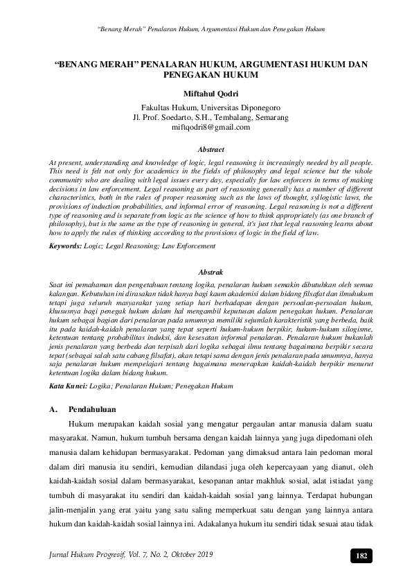 (PDF) “Benang Merah” Penalaran Hukum, Argumentasi Hukum Dan Penegakan ...