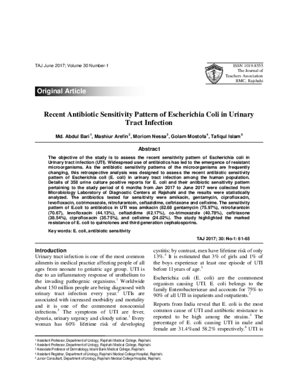 Pdf Recent Sensitivity Pattern Of Escherichia Coli In Urinary Tract