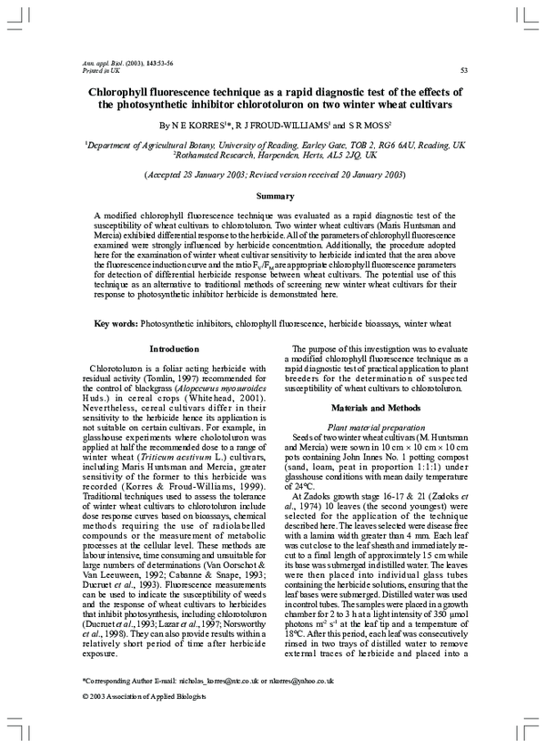 (PDF) Chlorophyll fluorescence technique as a rapid diagnostic test of ...