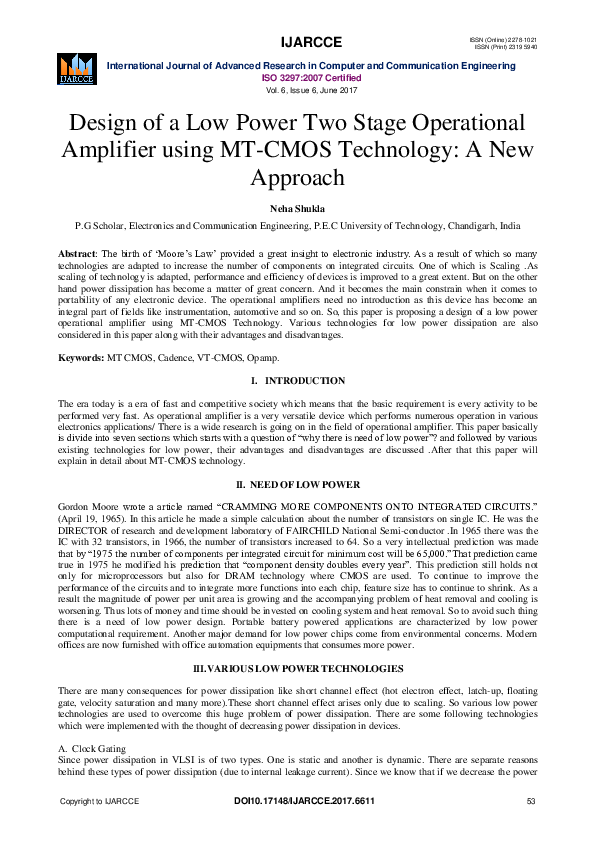 (PDF) Design of a Low Power Two Stage Operational Amplifier using MT-CMOS Technology: A New Approach