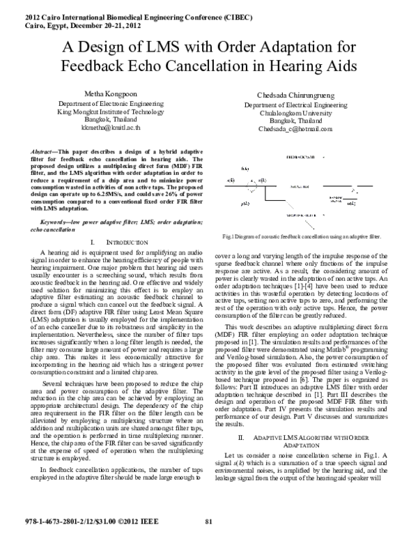 (PDF) A design of LMS with order adaptation for feedback echo cancellation in hearing aids