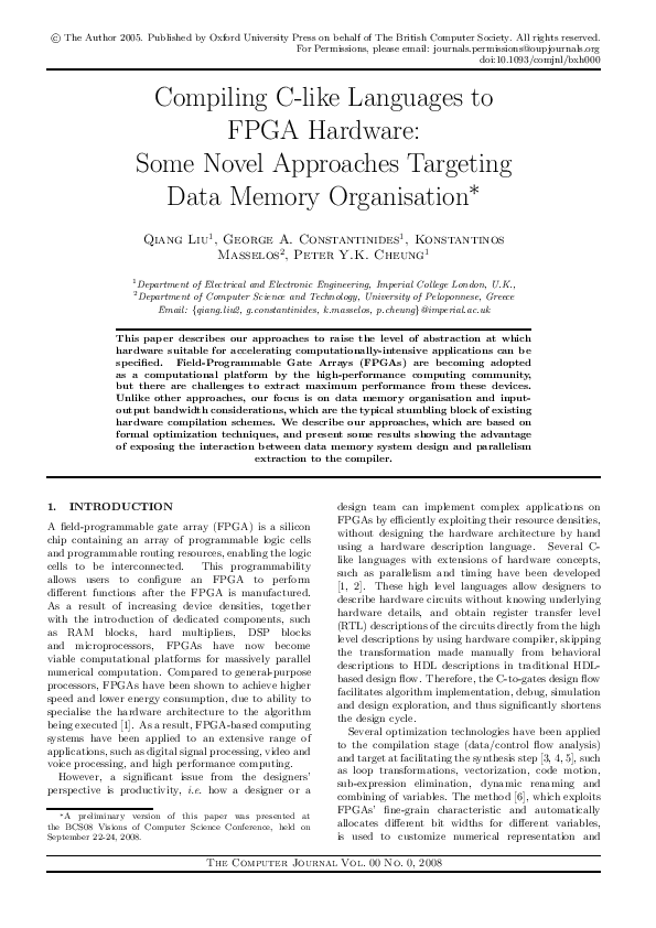 (PDF) Compiling C-like Languages to FPGA Hardware: Some Novel Approaches Targeting Data Memory ...