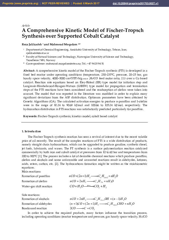 (PDF) A Comprehensive Kinetic Model of Fischer-Tropsch Synthesis over ...