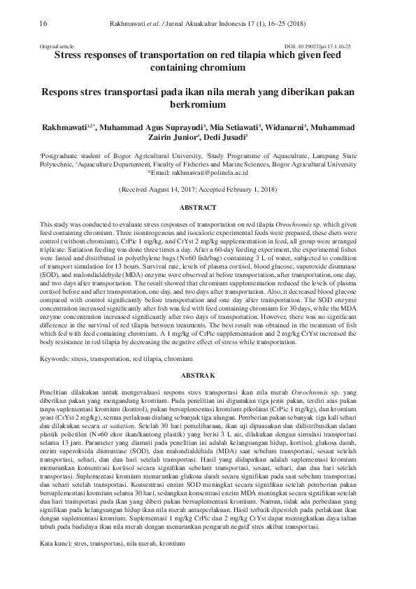 (PDF) Stress responses of transportation on red tilapia which given ...