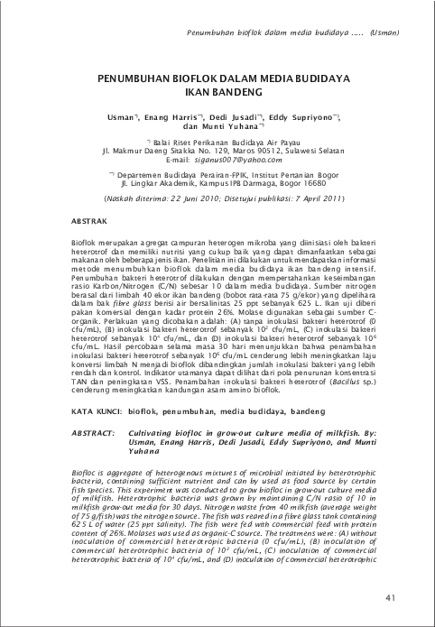 (PDF) Penumbuhan Bioflok Dalam Media Budidaya Ikan Bandeng