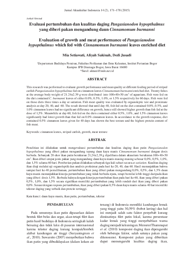 (PDF) Evaluation of growth and meat performance of Pangasianodon ...