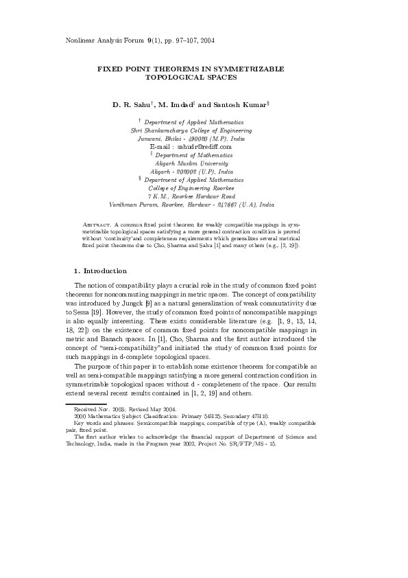 Pdf Fixed Point Theorems In Symmetrizable Topological Spaces M Imdad