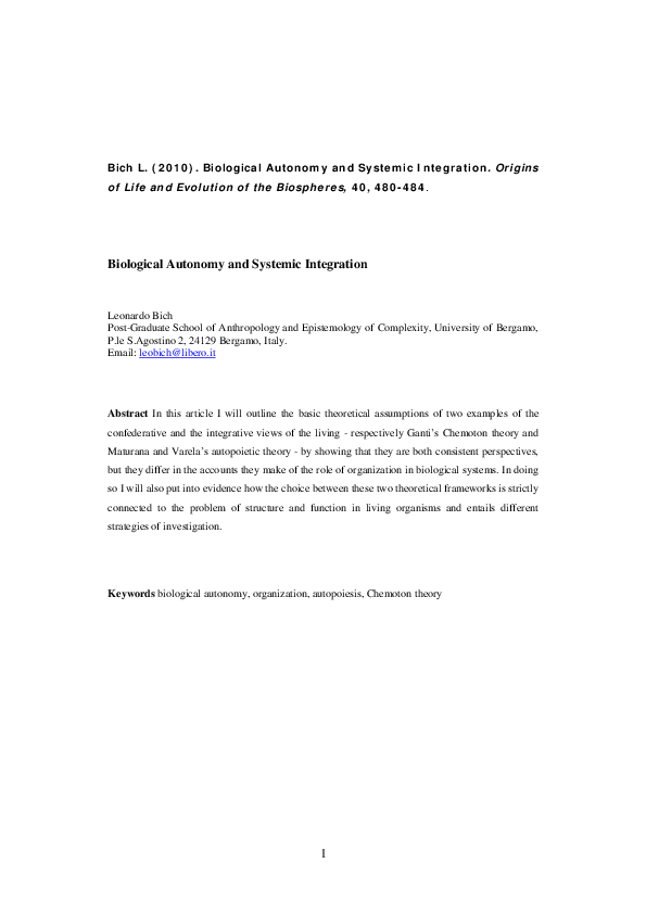 (PDF) Biological Autonomy and Systemic Integration | Leonardo Bich ...