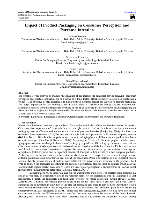 (PDF) Impact of Product Packaging on Consumer Perception and Purchase Intention