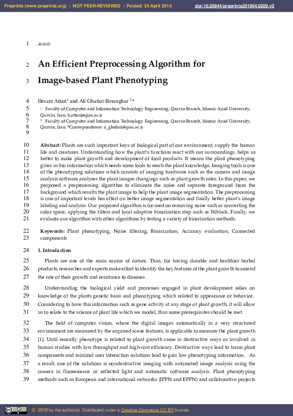 Pdf An Efficient Preprocessing Algorithm For Image Based Plant