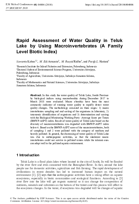 (PDF) Rapid Assessment of Water Quality in Teluk Lake by Using ...