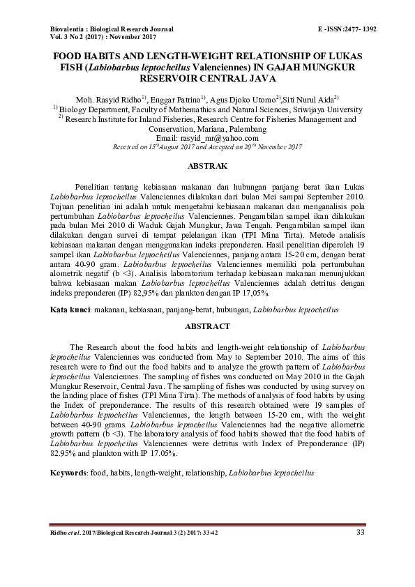 (PDF) FOOD HABITS AND LENGHT-WEIGHT RELATIONSHIP OF LUKAS FISH ...