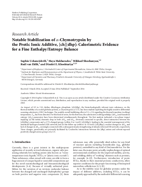 (PDF) Notable Stabilization of α -Chymotrypsin by the Protic Ionic ...