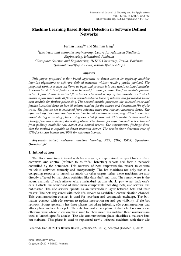 Pdf Machine Learning Based Botnet Detection In Software Defined Networks