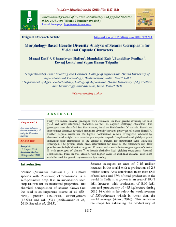 (PDF) Morphology-Based Genetic Diversity Analysis of Sesame Germplasm for Yield and Capsule ...