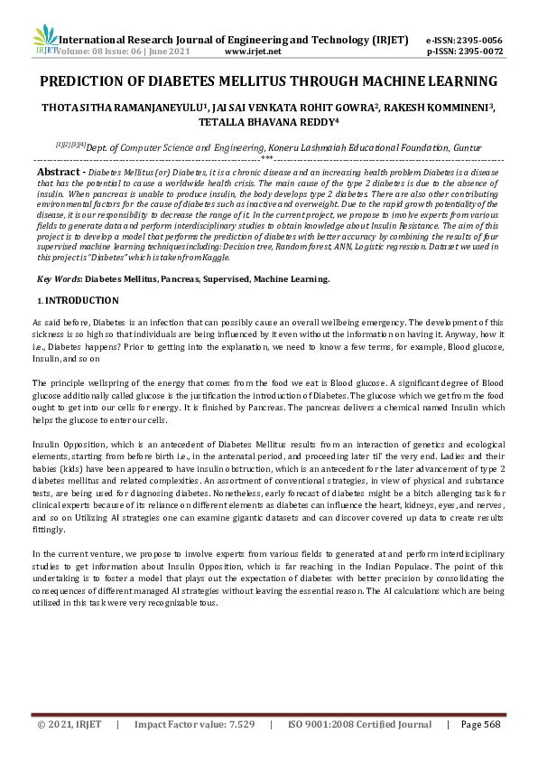 (PDF) PREDICTION OF DIABETES MELLITUS THROUGH MACHINE LEARNING